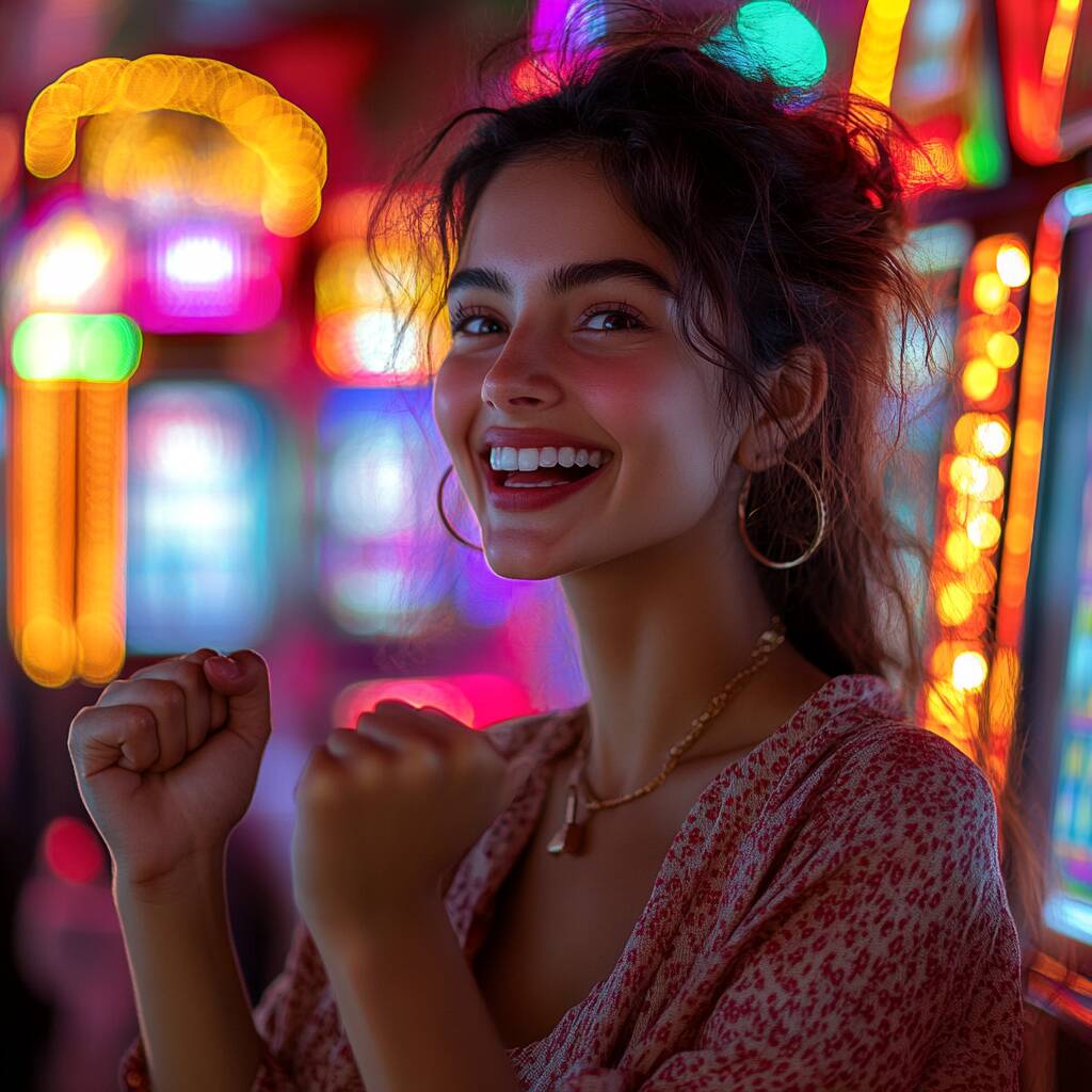 Young Bangladeshi woman celebrating a big win on a slot machine
